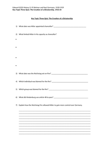 Key Topic Quizzes - Edexcel GCSE History Nazi Germany | Teaching Resources
