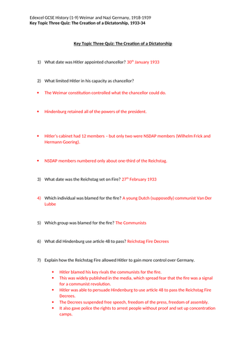Key Topic Quizzes - Edexcel GCSE History Nazi Germany | Teaching Resources