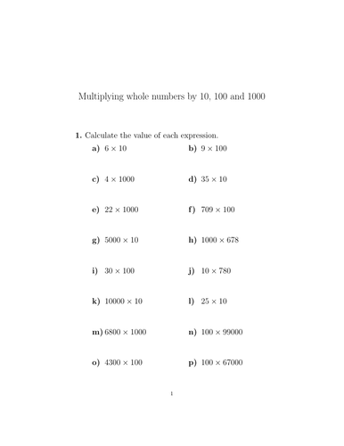 Multiplying whole numbers by 10, 100 and 1000 worksheet (with solutions ...