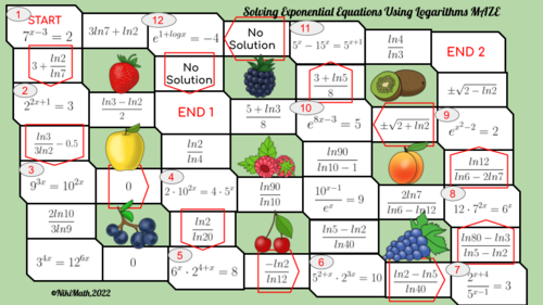 Solving Exponential Equations Using Logarithms - Maze with 2 Ends (one ... Solving Exponential Equations Using Logarithms - Maze with 2 Ends (one ...