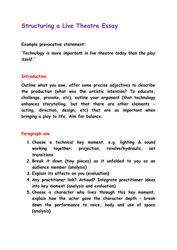 Edexcel A level Drama: Live Theatre Essay Structure (C3) | Teaching ...