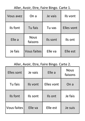 Aller, Avoir, Etre, and Faire Bingo - GCSE and KS3 | Teaching Resources