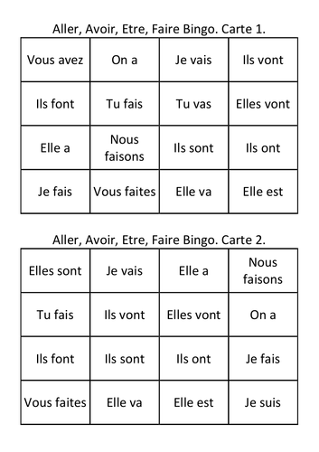 Aller, Avoir, Etre, and Faire Bingo - GCSE and KS3 | Teaching Resources