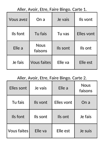 Aller, Avoir, Etre, and Faire Bingo - GCSE and KS3 | Teaching Resources