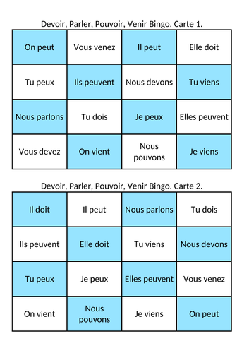 Devoir, Parler, Pouvoir, Venir Bingo for GCSE and KS3 | Teaching Resources