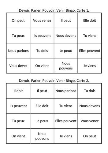 Devoir, Parler, Pouvoir, Venir Bingo for GCSE and KS3 | Teaching Resources