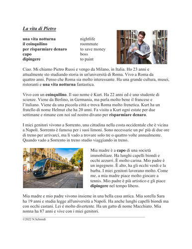 Italian Beginner Reading Comprehension with 12 questions "La vita di ...