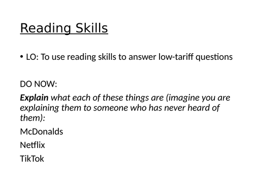 WJEC GCSE English Language Exam Low Tariff Multiple Choice Questions ...