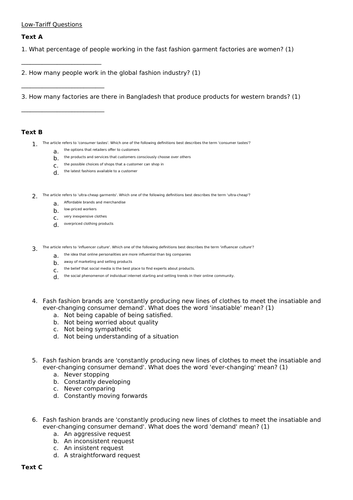 WJEC GCSE English Language Exam Low Tariff Multiple Choice Questions ...