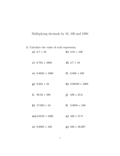 Multiplying decimals by 10, 100 and 1000 worksheet (with solutions ...