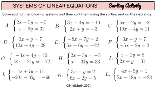 Systems of Linear Equations with 2 Variables - Sorting Activity ...