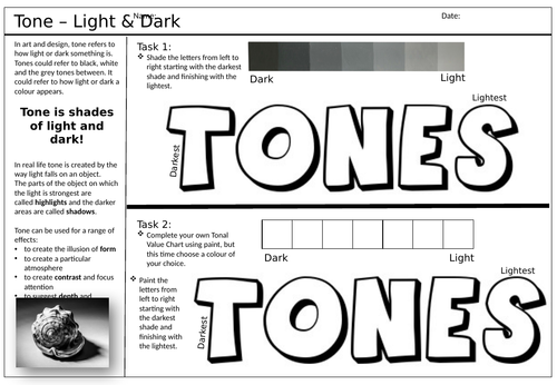 Art cover work/cover lesson worksheet - Tone | Teaching Resources