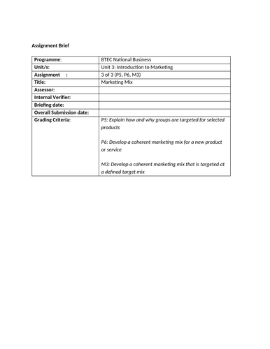 Btec L3 Business Unit 3 Assignment Templates Introduction To Marketing Teaching Resources 