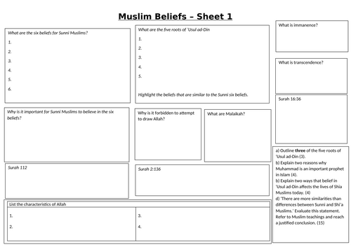 Edexcel revision question sheet Muslim beliefs | Teaching Resources