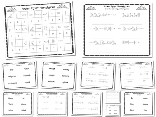 Ancient Egypt Hieroglyphics Worksheets with answers and alphabet poster | Teaching Resources