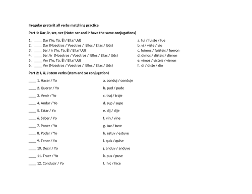 Practice on irregular preterit verbs (Matching and conjugations ...