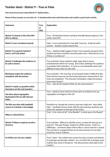 Film Studies - District 9 starter activity | Teaching Resources
