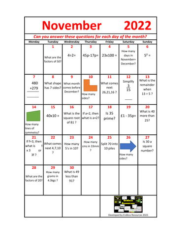 Monthly Mathematical Calendar Creator | Teaching Resources