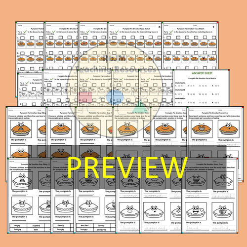 Pumpkin Pie Faces Emotions Feelings Worksheets Activities Thanksgiving ...