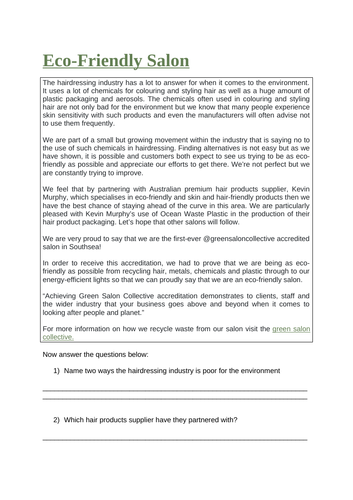 English Functional skills - Hairdressing (sustainability focus ...