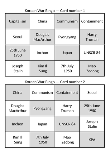Korean War Bingo - GCSE History | Teaching Resources