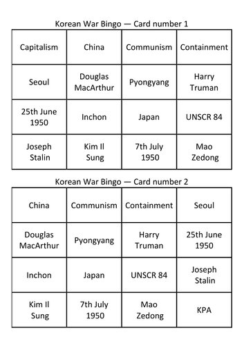 Korean War Bingo - GCSE History | Teaching Resources