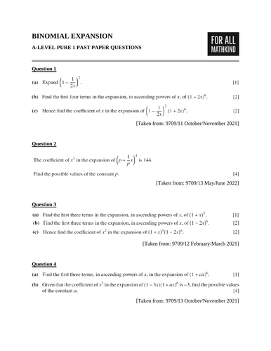 A-LEVEL 9709 MATHS PAST PAPER TOPIC QUESTIONS (BINOMIAL EXPANSION ...