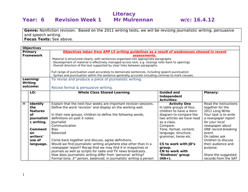 Year 6 Literacy Plans Autumn Spring Summer Sats Revision Weeks Roald ...