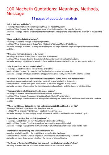 Macbeth 100 Key Quotations for GCSE | Teaching Resources