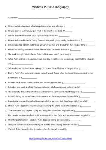 Putin Biography Video Questions | Teaching Resources