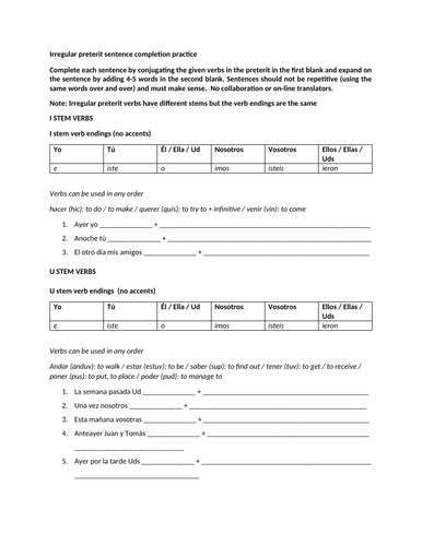 Irregular preterit verbs sentence completion practice | Teaching Resources