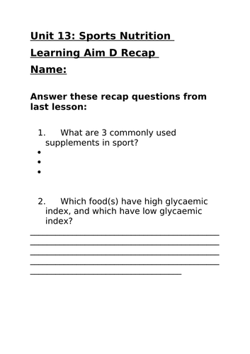 SPORTS NUTRITION WORKSHEETS | Teaching Resources