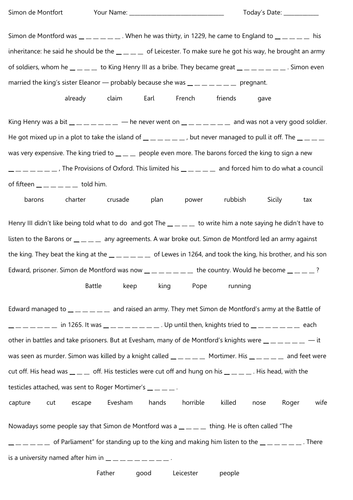 Simon de Montfort, Second Baron's War Cloze | Teaching Resources