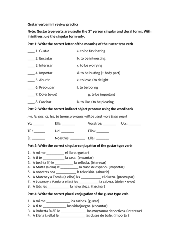 Gustar verbs review practice | Teaching Resources