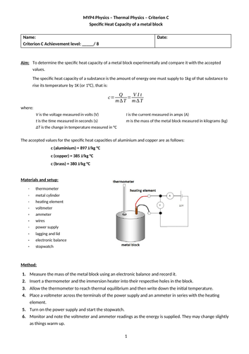 MYP4&5 Physics - Criterion C - shc of a metal block | Teaching Resources