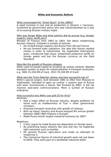 Witte & Economic Reform - Russia | Teaching Resources