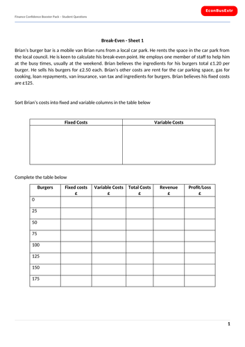 Break Even - Worksheet with answers | Teaching Resources