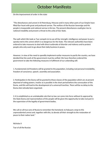 October Manifesto - Consequence of the 1905 Russian Revolution ...