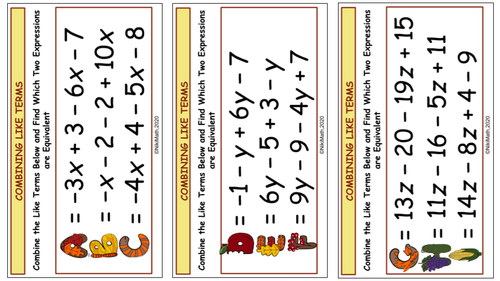 Combining Like Terms - Finding Equivalent Expressions - Autumn Alphabet ...