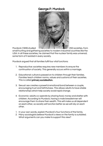 GCSE Sociology- Functionalism & Families | Teaching Resources