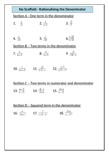 Rationalising denominator-No scaffold | Teaching Resources
