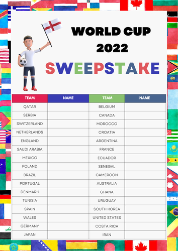 Fifa Football World Cup 2022 Sweepstake Game Soccer Tournament A3