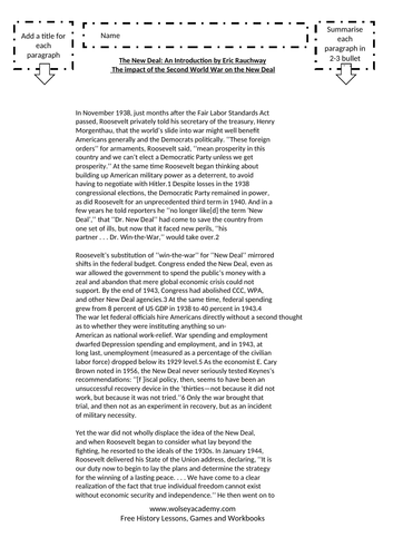 New Deal Guided Reading | WW2 & The New Deal – Wolsey Academy ...