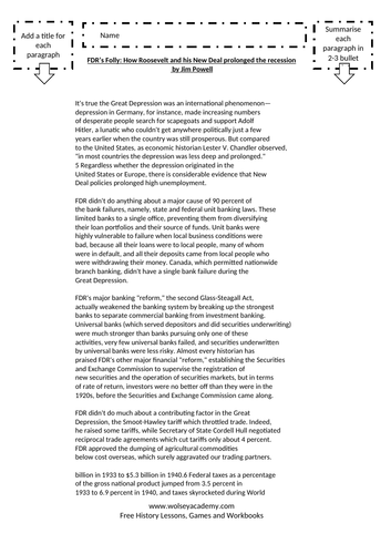 New Deal Guided Reading | FDR’s Folly – Wolsey Academy | Teaching Resources