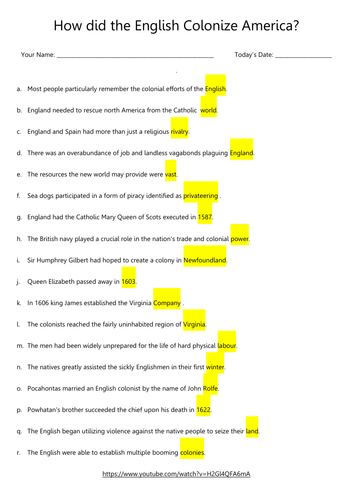 Founding the Virginia colony; Video Questions | Teaching Resources