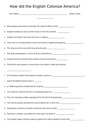 Founding the Virginia colony; Video Questions | Teaching Resources