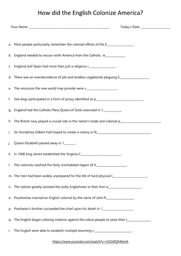 Founding the Virginia colony; Video Questions | Teaching Resources