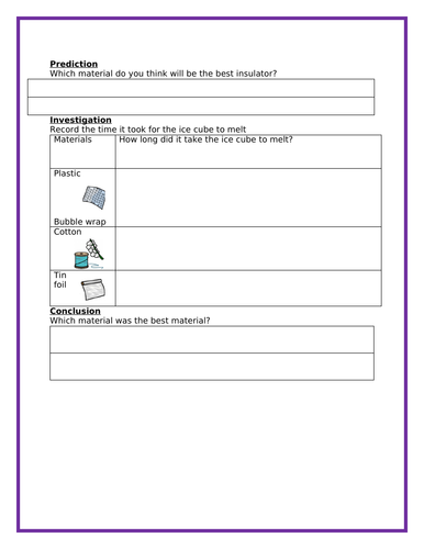 Science Insulator investigation worksheet | Teaching Resources