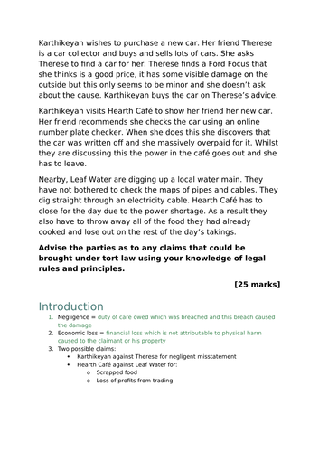 A-Level Law: Economic Loss Scenario Question + Model + Plan: Eduqas 25 ...