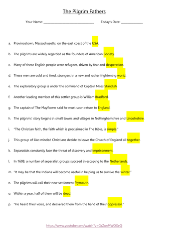 BBC History File Pilgrim Fathers Video Worksheet | Teaching Resources